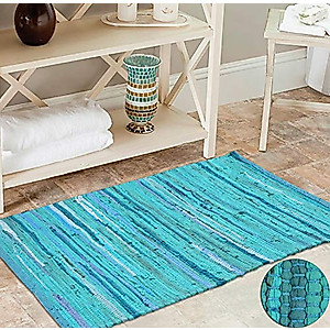 100% Cotton Rag Rug 2x3' - Multicolor Chindi Rug - Hand Woven & Reversible for Living Room Kitchen Entryway Rug - Teal,Kitchen Rugs, Farmhouse Rugs, Rugs for Living & Bedroom,Woven Rugs