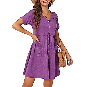 HOTOUCH Women's Plus Size Short Sleeve V-Neck Dresses Casual Loose Swing T-Shirt Dress Purple