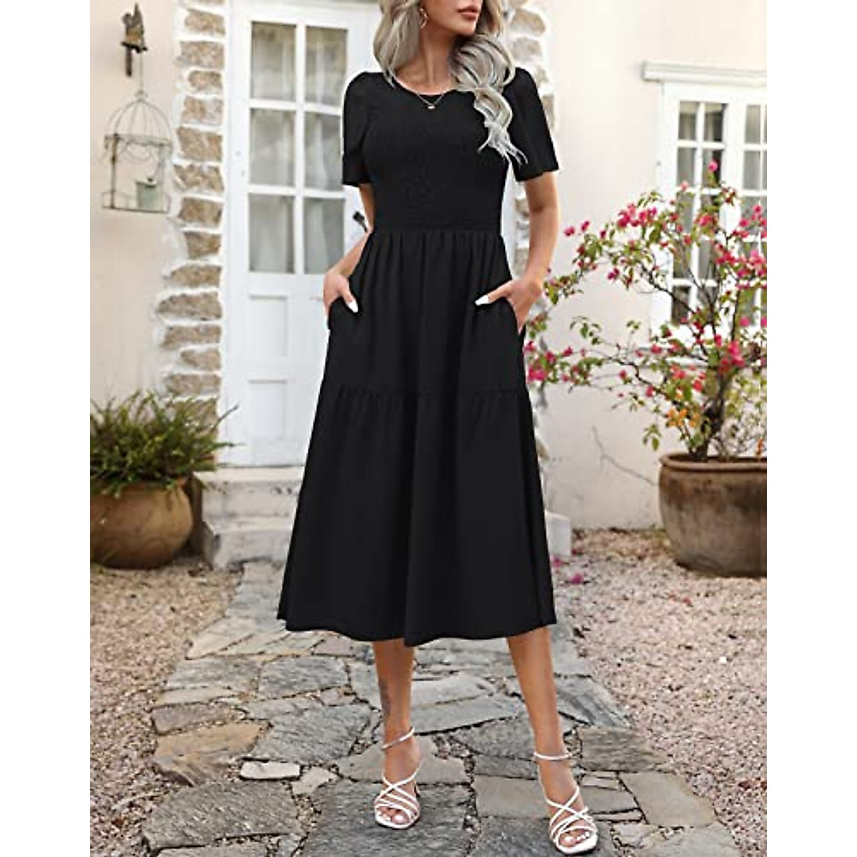 Ellakoko Summer Dresses for Women 2023 Casual Short Sleeve Modest A Line Crew Neck Ruffle Tiered Smocked Midi Black Dress Solid Black M
