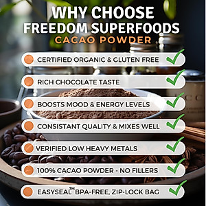 Cacao Powder Organic Raw - Natural Unsweetened Cocoa - Rich Dark Chocolate Taste - Make Sugar-Free, Vegan, Keto & Gluten-Free Hot Chocolate’s and Recipes - 1lb/ 16oz