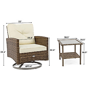 YITAHOME 3-Piece Patio Wicker Swivel Chairs, Outdoor Small Furniture Rocking Coversation Chairs w/Thick Cushions and Table for Garden, Backyard and Balcony (Tan Chairs + Off- White Cushions)