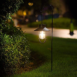 2 Pack EKQ Hanging Solar Lights Lantern Lamp with Shepherd Hook, Metal Waterproof Edison Bulb Lights for Garden Outdoor Pathway (Black)