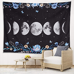 Pocass Moon Phase Tapestry with Floral Vine Butterfly Moonlit Garden Tapestry Black Background Flower Wall Hanging Tapestry for Home 59.1ʺ × 78.7ʺ