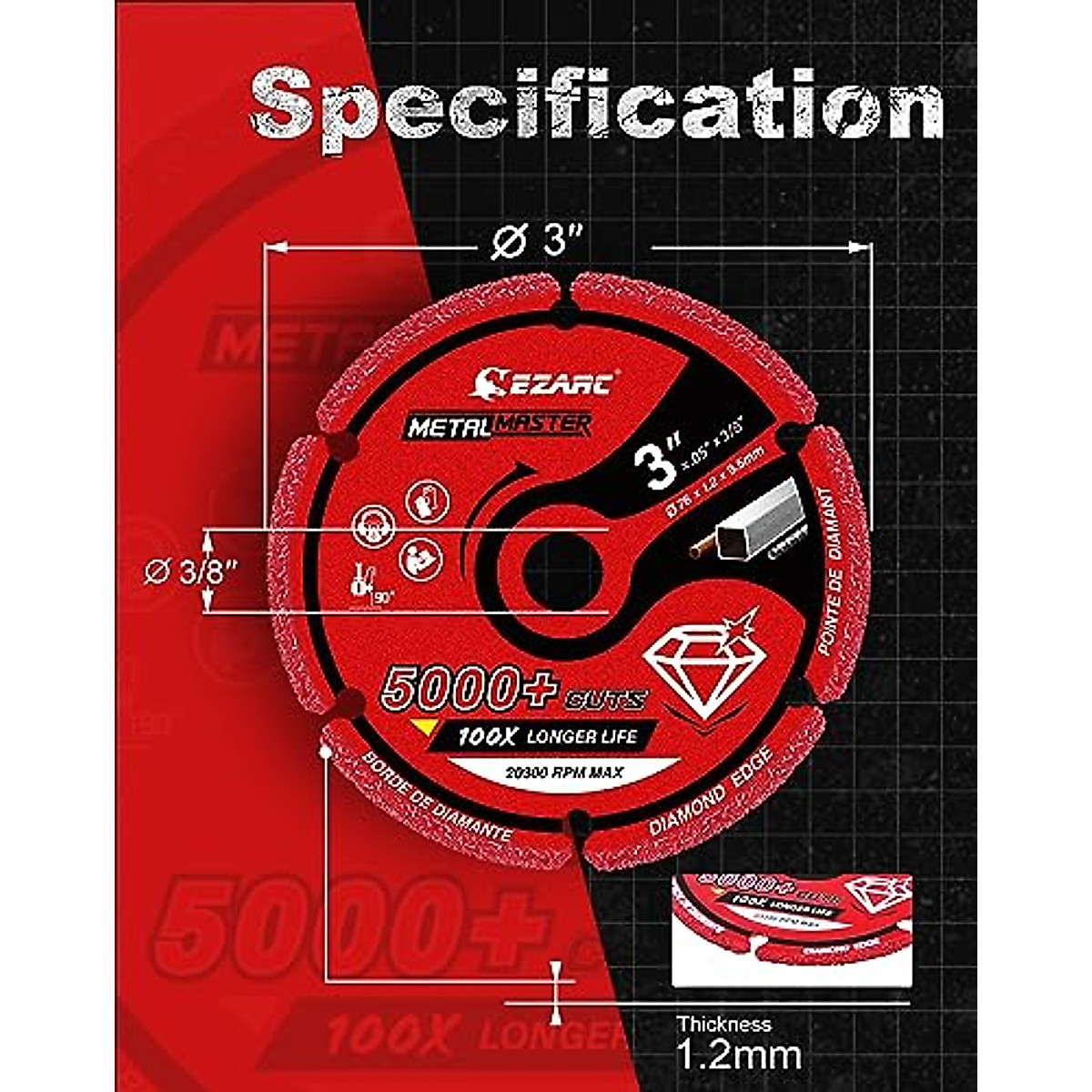 EZARC Diamond Cutting Wheel 3 x 3/8 Inch for Metal, Cut Off Wheel with 5000+ Cuts on Rebar, Steel, Iron and INOX