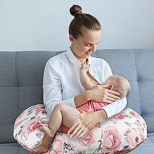 Nursing Pillow Cover Girls, Floral Breastfeeding Pillow Cover for Baby, Snug Fits Newborn Nursing Pillow Case, Super Soft Breathable, Pink Flower