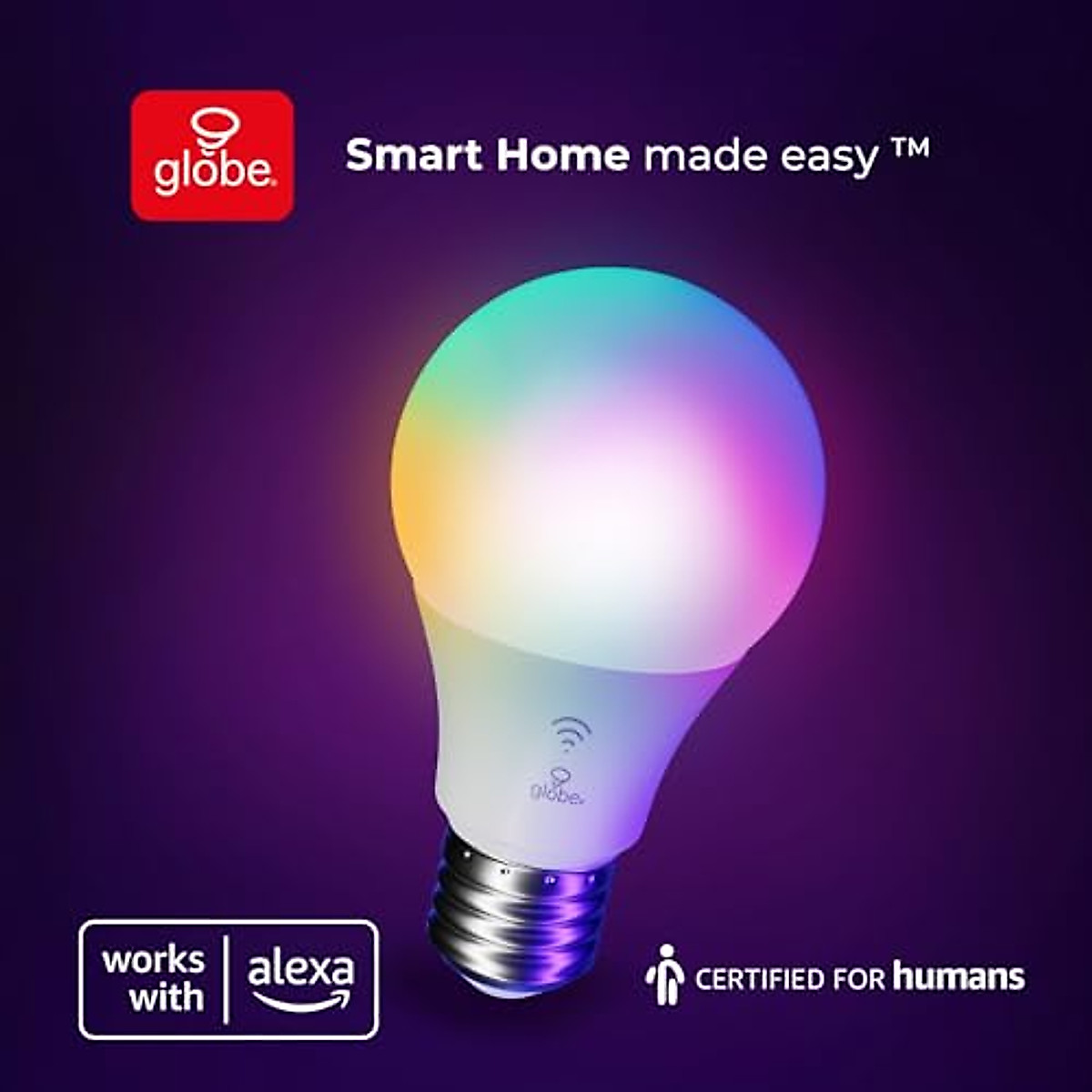 Globe Electric 50589 Color-Changing A19 LED Smart Light Bulb, 2.4 GHz Wi-Fi, 60W Equivalent 800LM, Works with Alexa Only, 1-Pack