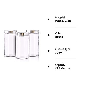 Glass Jars for Kitchen – Set of 3 Large Food Storage Containers – 60Oz Storage Jars with Metallic Lids – Multipurpose Glass Containers for Snacks, Coffee, Pet Treats – Screw-On Lid