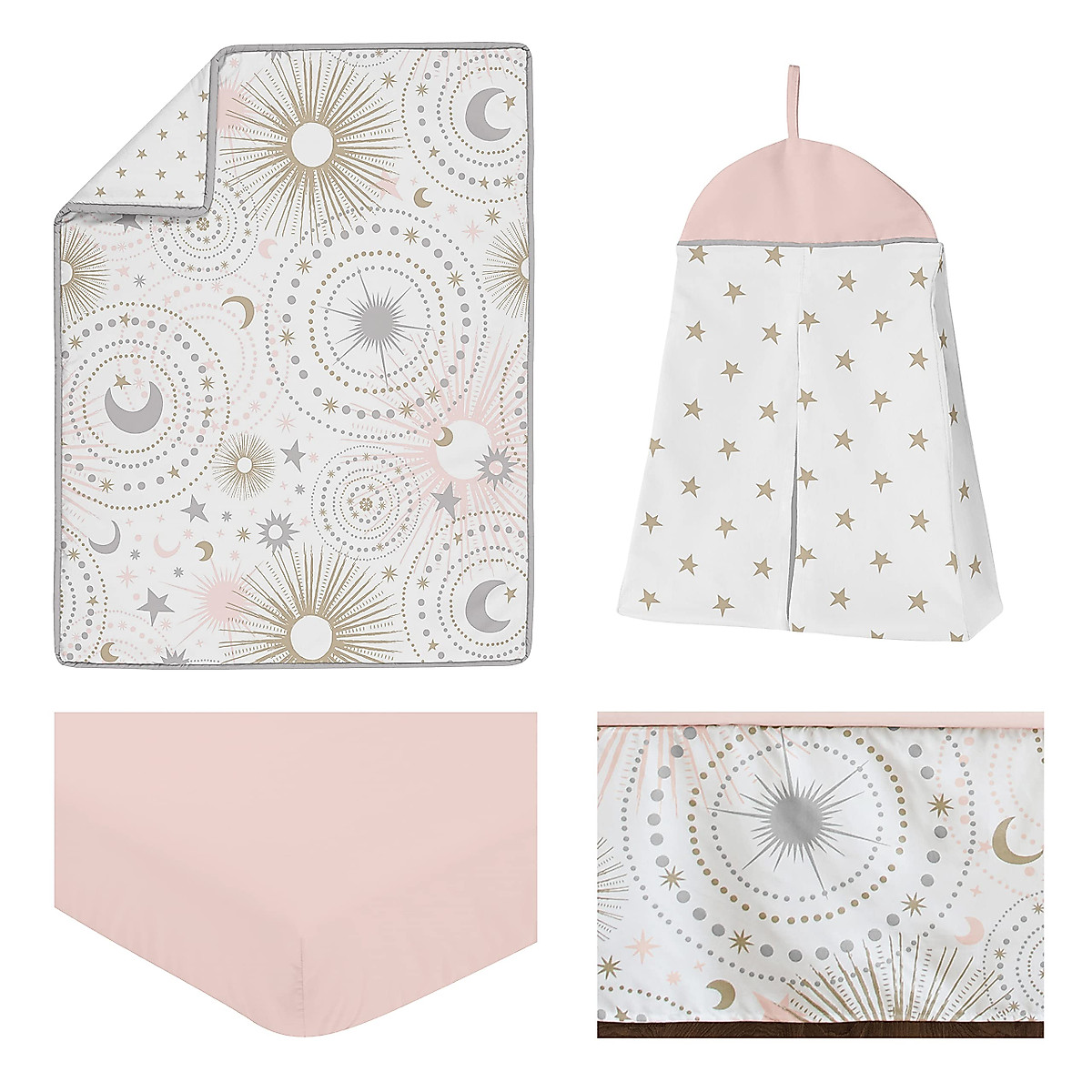 Sweet Jojo Designs 4 pc. Blush Pink, Gold, Grey and White Star and Moon Celestial Baby Girl Crib Bedding Set