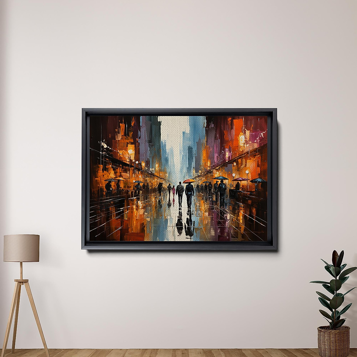 Abstract Wall Art Rain Modern Canvas Art Prints Girl Umbrella with Red Dress Walking in Street Figure Artwork, love