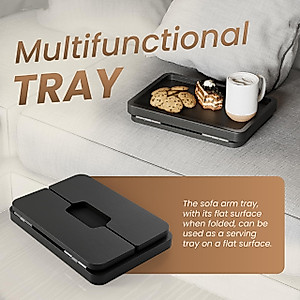 HOLANA Acacia Wood Sofa Armrest Tray -Double Hinge Sofa Arm Tray Table Clip - Couch Arm Table - Wooden Side Tables for Small Spaces for Eating and Drink (Classic, Black)