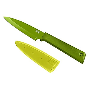 KUHN RIKON Colori+ Non-Stick Straight Paring Knife with Safety Sheath, 4 inch/10.16 cm Blade, Green