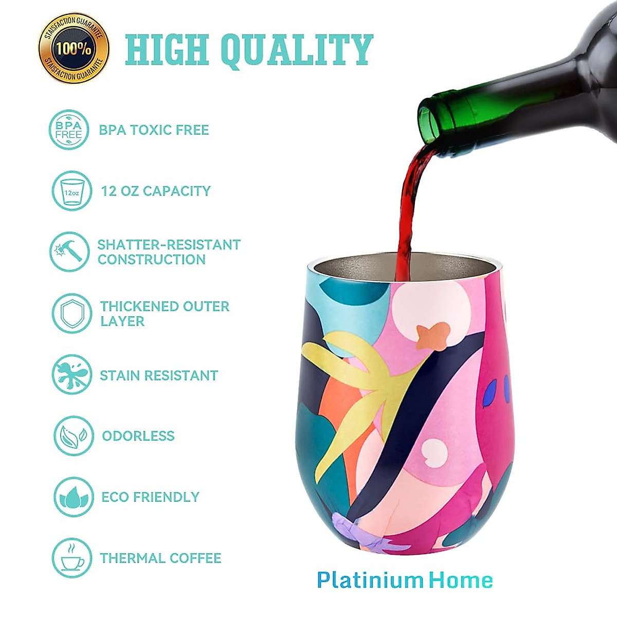 PLATINIUM Stainless Steel Wine Tumbler,12oz Vacuum Insulated Wine Tumbler with Lid,Stemless Wine Tumbler,Keep Cold & Hot,Leak-Proof,Dishwasher Safe,Perfect for Travel & Outdoors|Forest