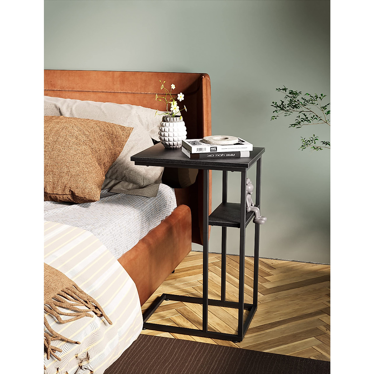 Innerjoin C Shaped End Table, Side Table with Metal Frame, TV Tray Table for Couch, 2 Shelves Sofa Table for Living Room Bedroom, Bedside, Rustic Vintage Style, Black