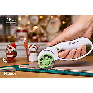XINART 45mm Rotary Cutter for Fabric Safety Lock Ergonomic Classic Comfort Loop Fabric Small Rotary Cutter for Sewing Quilting Crafting (Extra 2pcs Replacement Blades Included)-Green