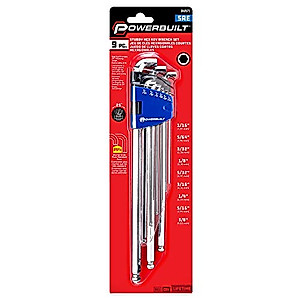 Powerbuilt 9 Piece SAE Stubby End, Extra Long Arm Ball End Hex Key Wrench Set, L-Wrenches for Tight Places, Storage - Blue 240099