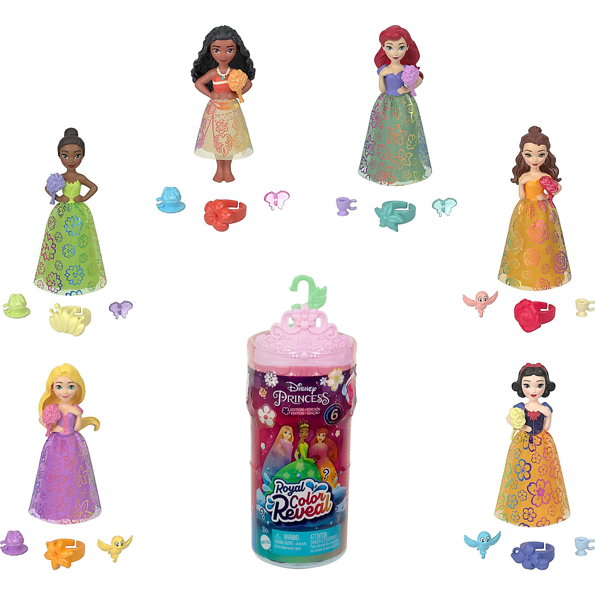 Mattel Disney Princess Toys, Small Doll Royal Color Reveal with 6 Surprises Including Scented Ring & 4 Accessories, Garden Party Series (Dolls May Vary)