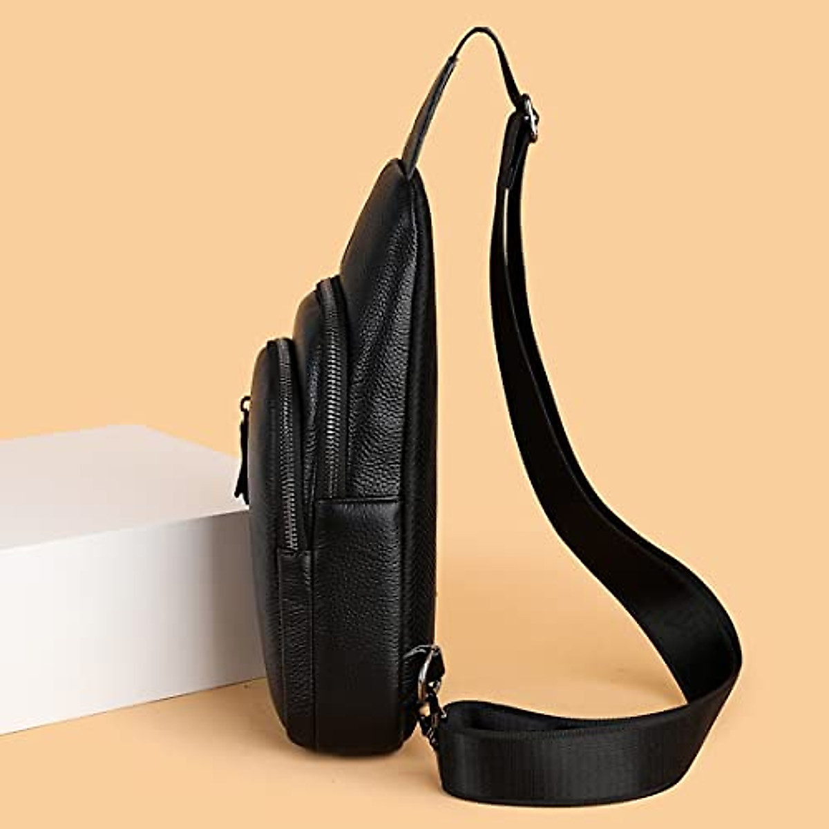 Mens Sling Bag Small Genuine Leather Chest Shoulder Bags Travel Crossbody Mini Casual Daypack Black