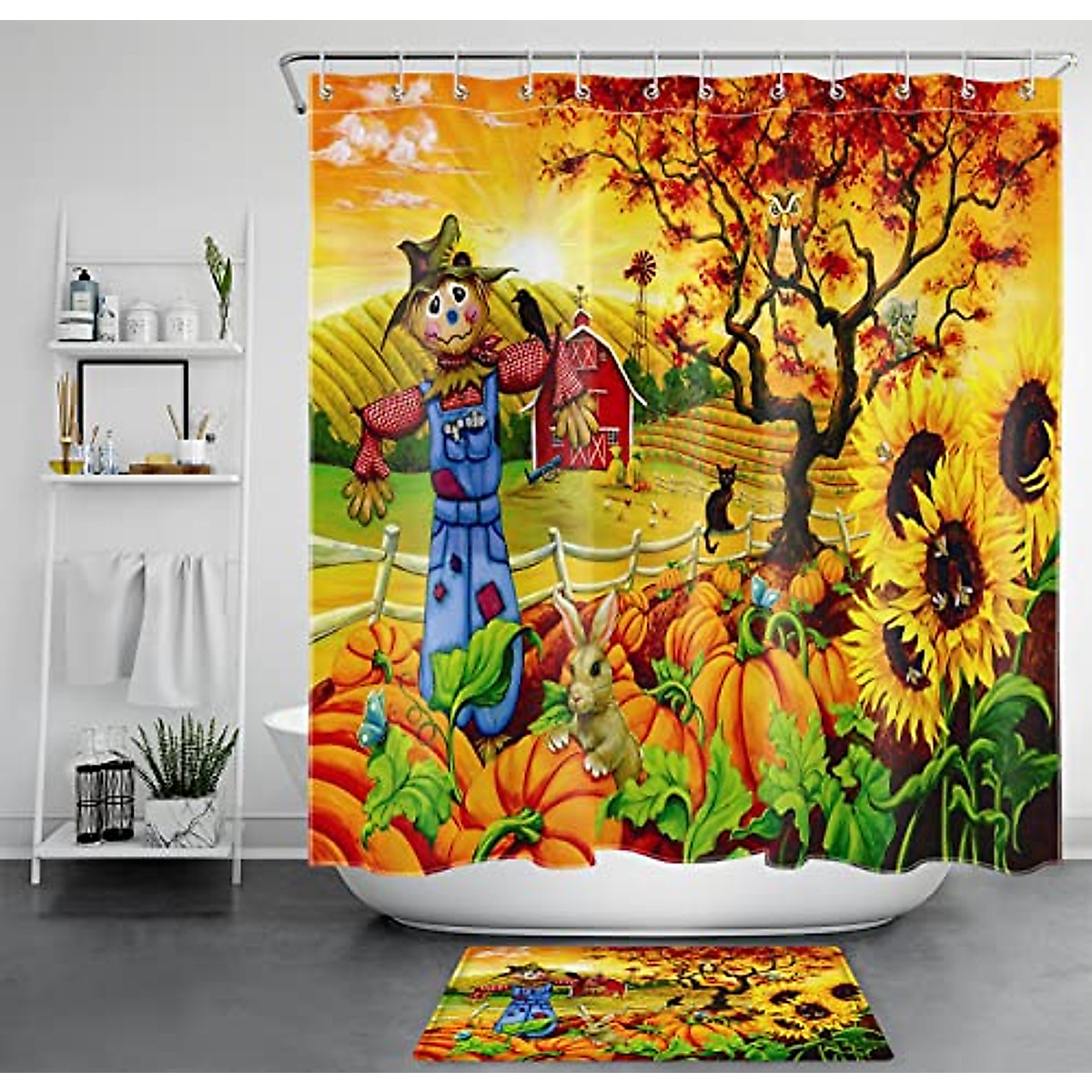 ECOTOB Fall Scarecrow Pumpkin Shower Curtain Set Scarecrow and Sunflowers Pumpkin with Butterflies Bath Mat and Shower Curtain Farmhouse Autumn Bathroom Decor Accessories, 72x72 Inches