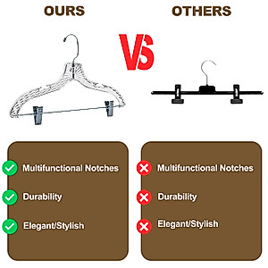 Clear Plastic Hangers for Pants 24 Pack - Skirt Hangers with Crystal Cut Design - All in One Curved Shoulder Clothes Hangers with Clips - Perfect Clothing Hangers for Everyday Use (24, 17" inch)