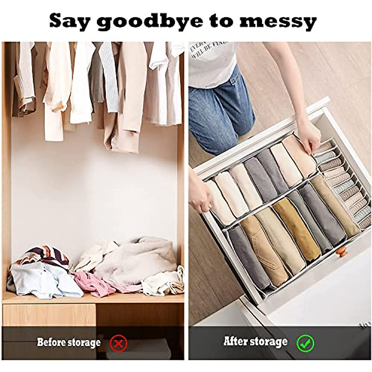 Rayeeley 2Pcs Wardrobe Clothes Compartment Organizer, Foldable Closet Drawer Organizers Jeans Drawer Dividers Organizers Clothes Mesh Separation Box for Thin Jeans Legging T-Shirt Kids Clothes(White)