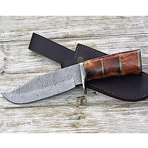SHOKUNIN USA 7-Inch Full-Tang Damascus Steel Bowie Hunting Knife: Unique Bone Handle with Damascus Guard and Premium Leather Sheath Included