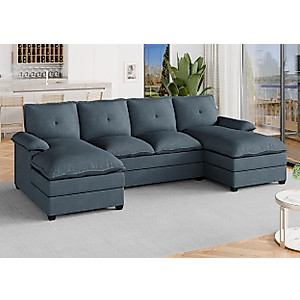 Meilocar Sectional Couches for Living Room, U Shaped Couch 110in Sectional Sofa, 4 Seat Large Sofa with Wide Chaise Lounge and Double Seating Cushions, Cloud Couch for Living Room (Grey)