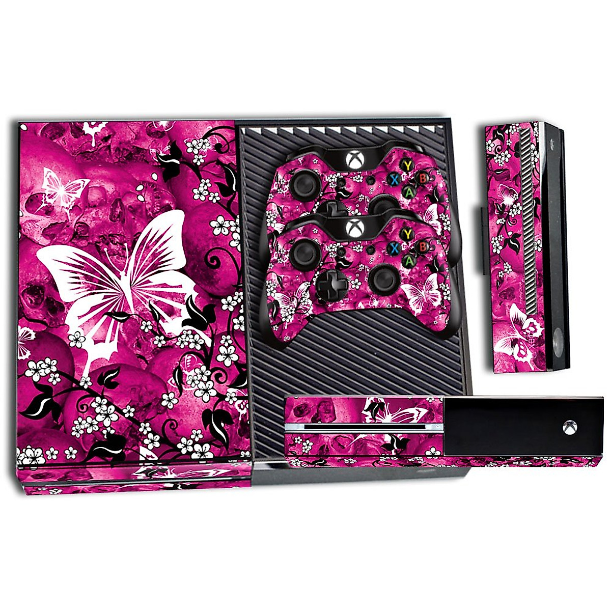 Designer Skin Sticker for the Xbox One Console With Two Wireless Controller Decals Pink Butterflies