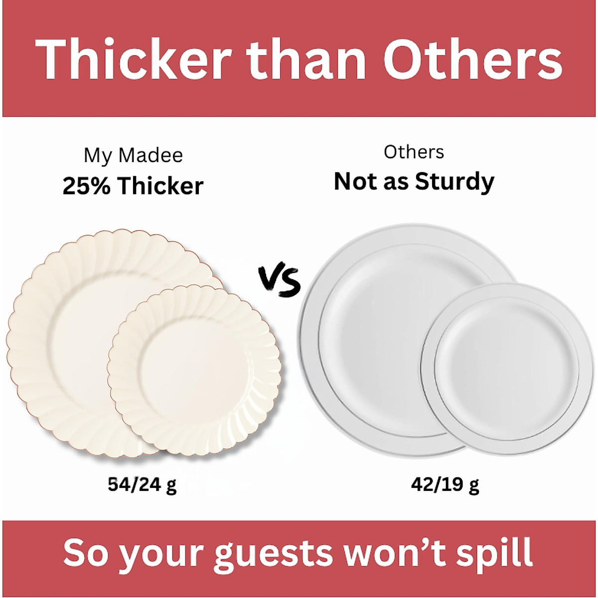 By Madee HEAVYWEIGHT 175 Pc Thanksgiving Plates and Napkins Sets | Ivory Scalloped Plates with Gold Trim | Fall Plastic Plates, Cutlery, Gold Leaf Napkins | High End Disposable Plates (25 Guests)