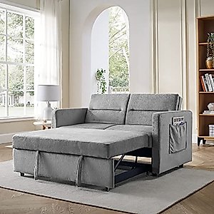 Polibi 54.5'' Modern Convertible Sleeper Sofa Bed with Two Arm Pockets, Fabric Sofa w/Pull-Out Bed Loveseat Sofa Couch and Adjustable Back for Living Room (Grey)
