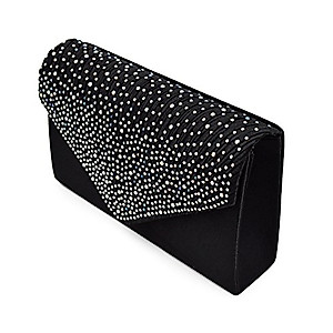 Premium Rainbow Rhinestones Pleated Front Satin Envelope Clutch Evening Bag, Black