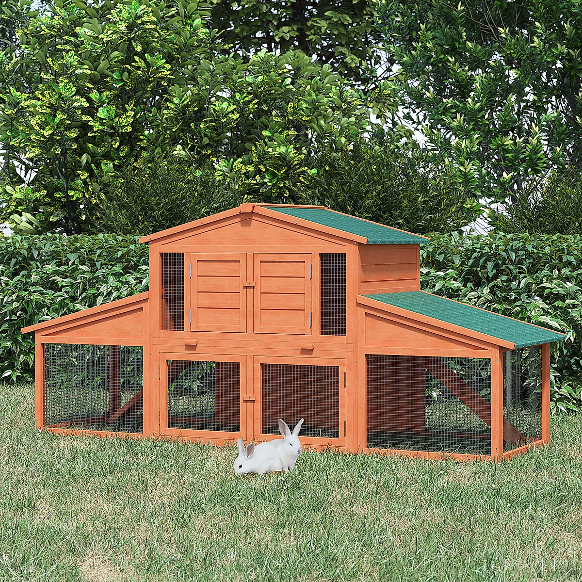 PawHut 89" L Outdoor Rabbit Hutch, Guinea Pig Cage Indoor Outdoor Wooden Bunny Hutch with Double Runs, Weatherproof Roof, Removable Tray, Ramps, Natural