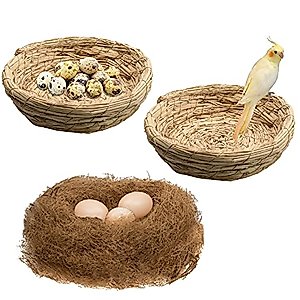 LASZOLA 2Pcs Handmade Woven Bird Breeding Nest Bed with 3.5 oz. Coconut Fiber, Flat Base Straw Bird Nest Hatch House Cage with Natural Coconut Fiber for Dove Pigeon Parrot Rabbits Hamster