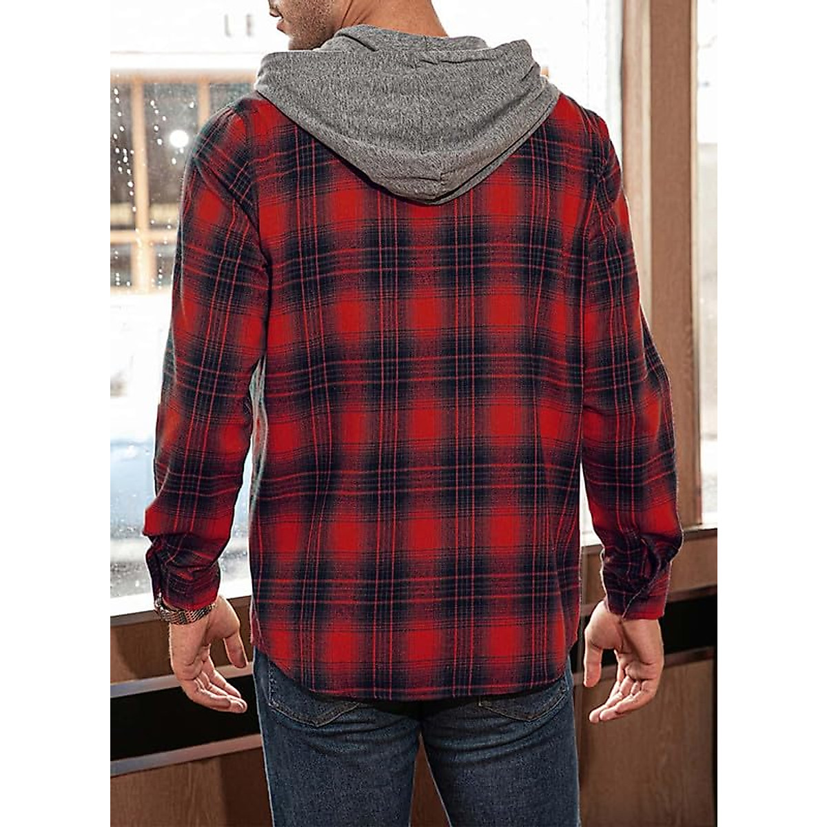 JMIERR Flannel Hoodies for Men Casual Button Down Plaid Long Sleeve Lightweight Winter Shirts Jackets,US 46 (XL),0Red