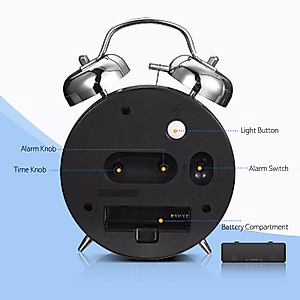 Super Loud Alarm Clock for Heavy Sleepers,4 inches Twin Bell Alarm Clock with Backlight,Battery Operated,Silent Non Ticking,for Kids,Adults,Bedrooms,Retro Decor Desk Analog Clocks.. (Noctilucent)