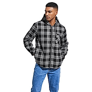 Elesuit Men's Flannel Shirt Jacket Plaid Full Zip Hoodie Fleece Lightweight Jacket Warm Winter Casual Thick Coats Black Large