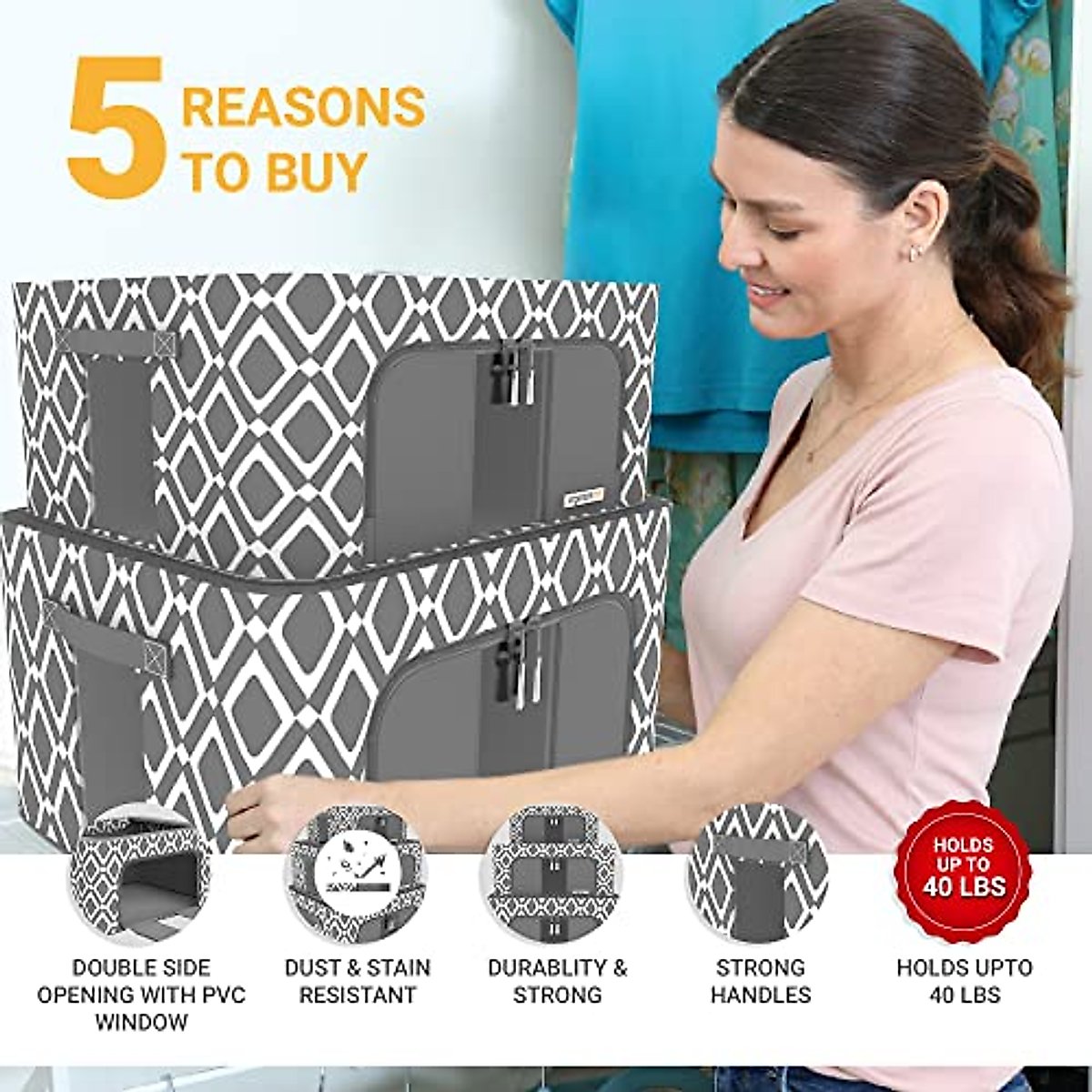 OrganizeME 3 Pack Stackable Clothes Storage Bin Metal Frame Collapsible Storage Box Foldable Bin For Blankets Cloths Comforters Closet Organiser Sturdy Handle Design with Clear Window (Graphite Grey)