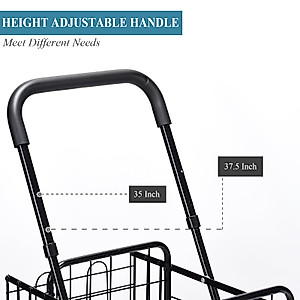 IRONMAX Grocery Shopping Cart, Foldable Heavy Duty Utility Cart w/Adjustable Handle, Extra Basket & 360° Rolling Swivel Wheels, Lightweight Trolley Cart for Grocery Laundry Luggage (Black)