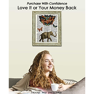 Elephant With Butterfly Balloons Dictionary Wall Art Print: Unique Room Decor for Boys, Men, Girls & Women - (8x10) Unframed Picture