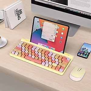Apuode Wireless Keyboard and Mouse Combo, Bluetooth 5.0/3.0/2.4GHz, with Tablet Holder, Quiet Mute Button, Cute Retro Round Keycaps, Replaceable Battery, for PC, Mac, Laptop, Tablet