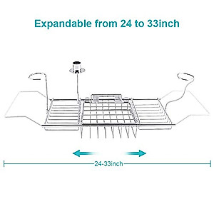 Bath Tray for Tub, Adjustable Bathtub Caddy Tray with Extending Side, Metal Bathtub Shelf Expandable Storage Rack Organizer with Wine Glass and Phone Holder for Home Bathroom Luxury Bathing, Silver