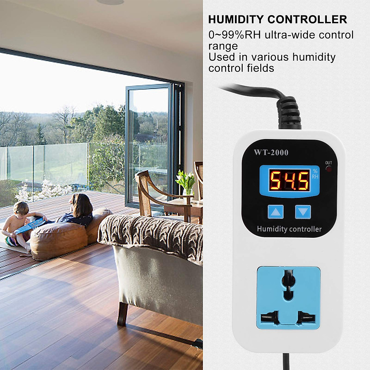 Digital Humidity Controller WT‑2000 110‑220V 0%~99%RH with Humidity Sensor Humidify Dehumidification Switch Socket 0.1%RH Accuracy(US Plug)