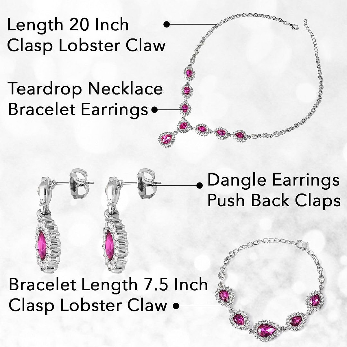 Shop LC Wedding Costume Jewelry Set for Women Bridesmaid Teardrop Necklace Bracelet Earrings Pink Crystal Bridal Gifts for Women Size 20" & 7.5'' Birthday Gifts