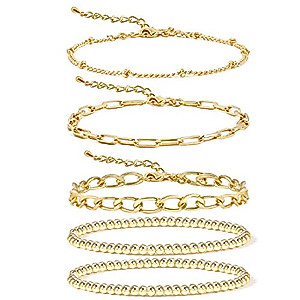 Gold Beaded Bracelets for Women gold bracelets for women Plated Chain Link Bracelet Stretchable Bracelet… (Gold-01(5Pcs-G))…