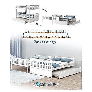 Tatub Full Over Full Bunk Bed with Trundle, Pine Wood Frame, Ladder and Guard Rails, Solid Bunk Bed with Trundle for Kids, Teens, Adults, No Box Spring Needed, Grey
