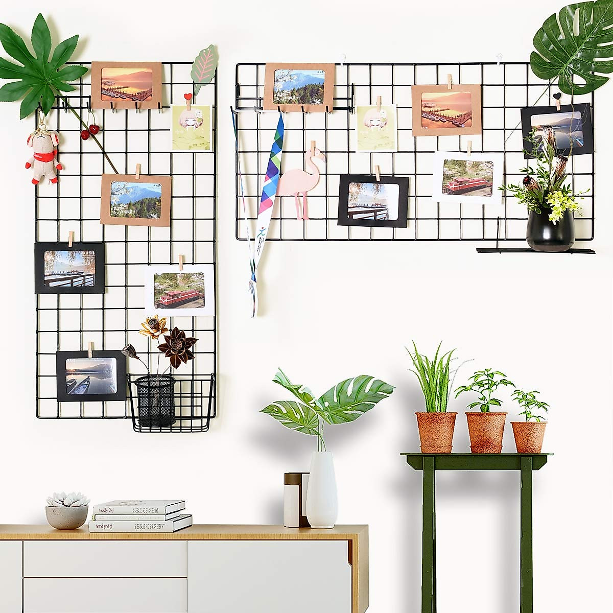 Wall Photo Grid Shelf, Wall Hanging Ins Art Display Grid Panel for Decor & Storage, Metal Wire Notice Boards & Memo Board, Mesh Tool Organiser, Wall Photo Frame 2 Pcs (Black, 15.7 x 31.5 inches)