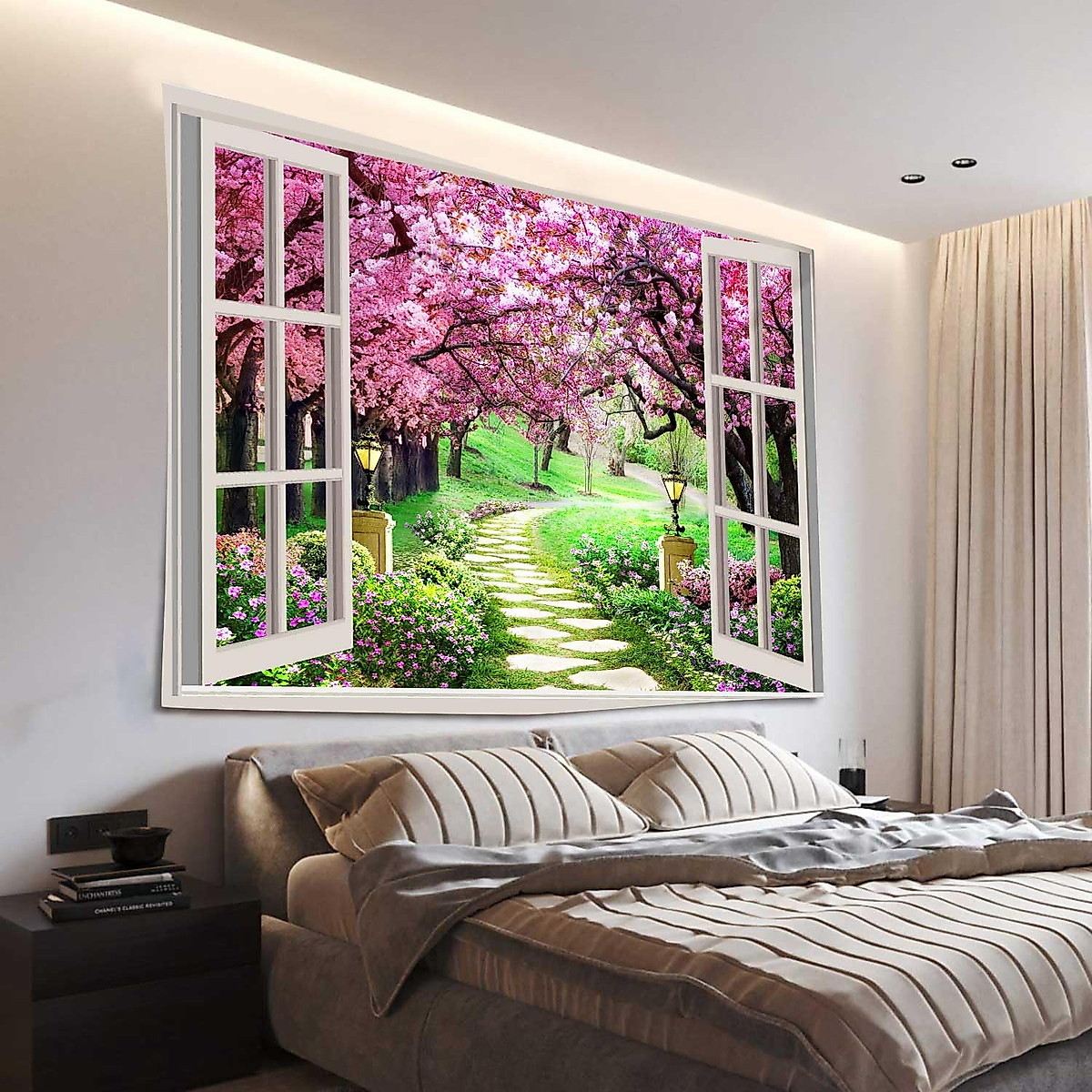 Japanese Cherry Blossom Window Tapestry Tree Forest Path Pink Flowers Window Tapestry Botanical Floral Natural Landscape Aesthetic Tapestry for Living Room Bedroom Nursery Home Decor 60x40Inches
