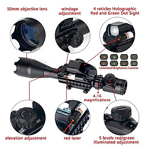 THEA 4-16x50 Tactical Rifle Scope Red/Green Illuminated Range Finder Reticle W/Red/Green Laser and Holographic Reflex Dot Sight (12 Month Warranty) (Red)