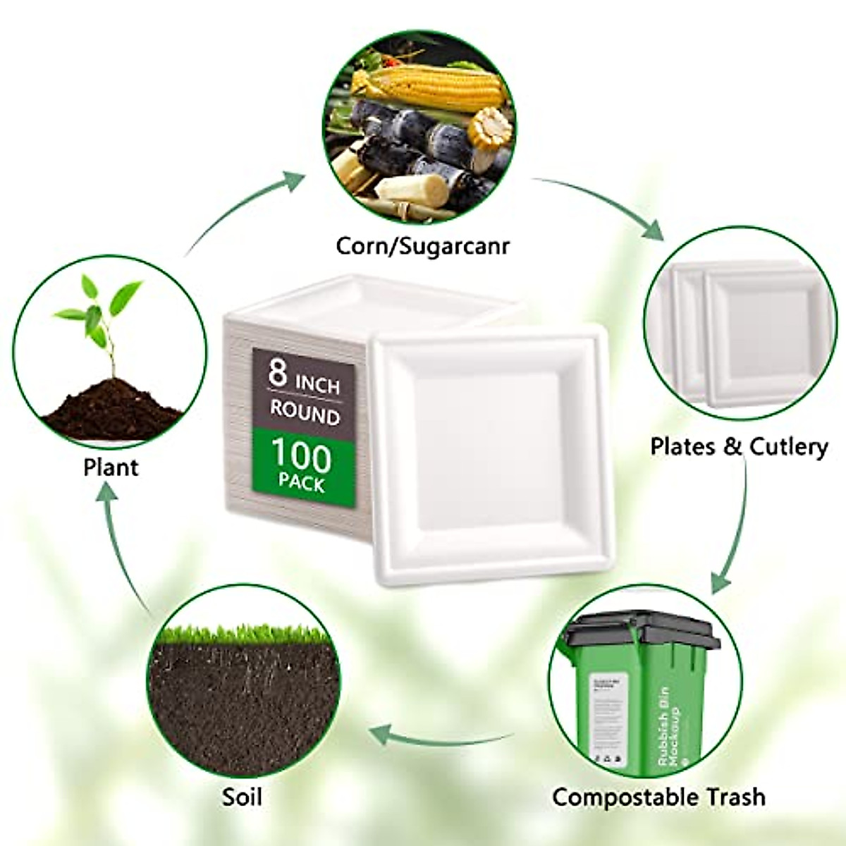 SUT 8-Inch Compostable Paper Plates, 100 PCS Square Biodegradable Bagasse Plates, Heavy-Duty Microwaveable Plates, Eco-Friendly Natural Disposable Plates, Made of Sugarcane Fibers, for Party, Picnic