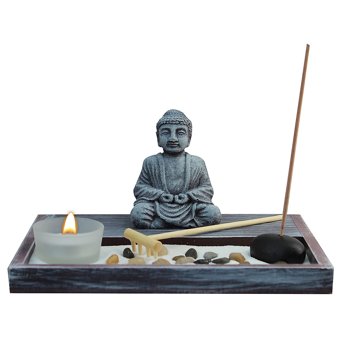 Zen Garden Deluxe Desk Meditation Garden Grey Buddha Statue with Rocks, Tea Light Holder, Rake, Incense and Incense Holder, Sand and Base - Peace & Tranquility (Candle Not Included)
