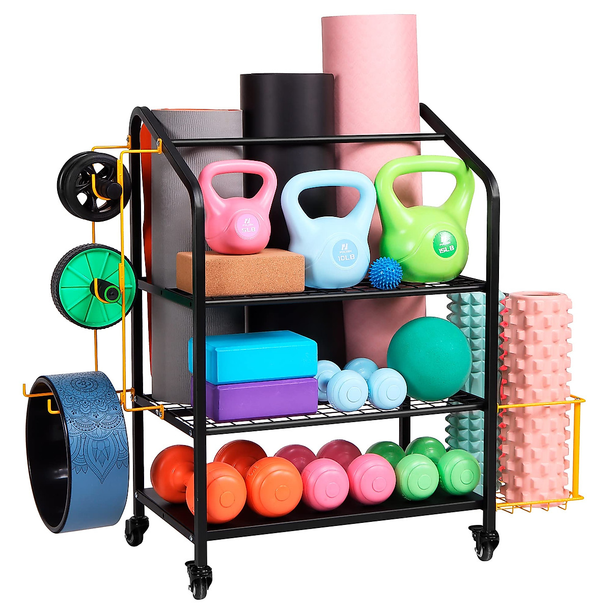 Vimexciter Dumbbell Rack, Training Equipment Storage Cart with Hooks and Wheels for Yoga Brick, Mat, Block, Roller, Dumbbell, Weight, Kettlebell, Resistance Band and More for Home Gym Workout
